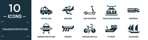 채워진 교통 아이콘 세트입니다 플랫 경찰차 여객기 킥 스쿠터 케이블카 철도 모노레일 미확인 비행 물체 조정 빈티지 자전거 Pt 보트 편집 가능한 스쿠너 아이콘을 포함합니다