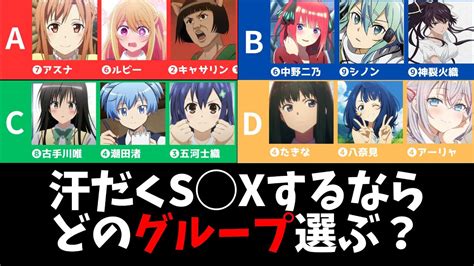 【究極の選択】汗だくセッセッをするとしたらどのグループを選ぶ？【アニメキャラver】 Youtube
