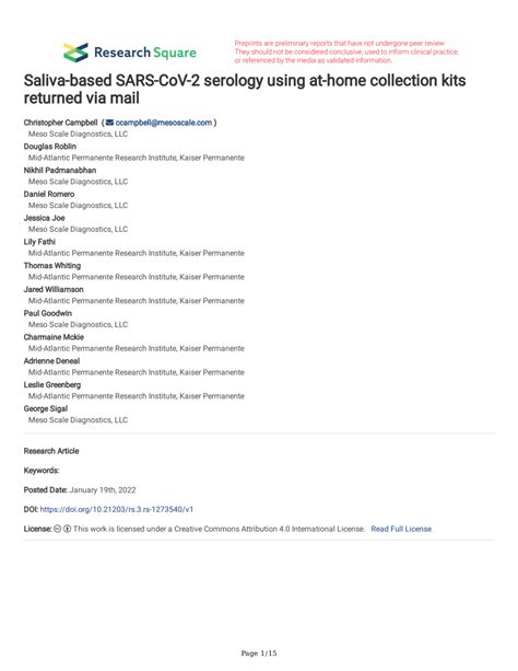 Pdf Saliva Based Sars Cov 2 Serology Using At Home Collection Kits