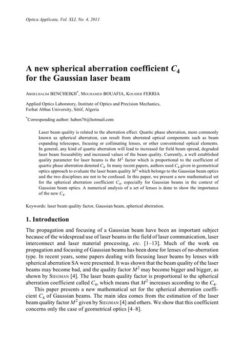 Pdf A New Spherical Aberration Coefficient C 4 For The Gaussian Laser