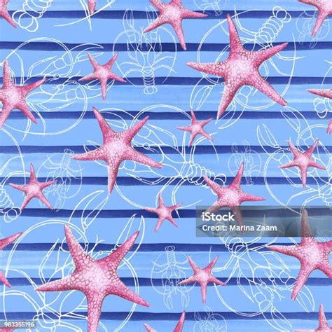 수채화와 조디악 표지판 암 랍스터 강 대 불가사리 상세한 일러스트 레이 션 파란색 줄무늬 파도 근접 촬영 흰색 배경에 해양 테마에 원활한 패턴의 그림 0명에 대한 스톡 벡터