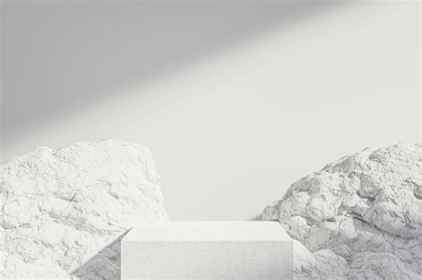 제품 배치를 위해 흰 벽 배경에 있는 빈 연단 마케팅 및 프레젠테이션을 위한 쇼케이스 플랫폼의 공간을 복사합니다 트렌디한 중립적인 미적 모형 템플릿입니다 3d 렌더링 기하