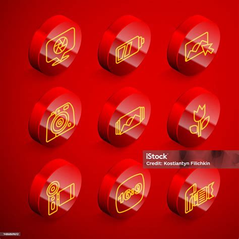 라인 카메라 셔터 카메라용 배터리 사진 보정 프레임 모드 매크로 시네마 및 16 아이콘을 설정합니다 벡터 3차원 형태에 대한 스톡 벡터 아트 및 기타 이미지 Istock