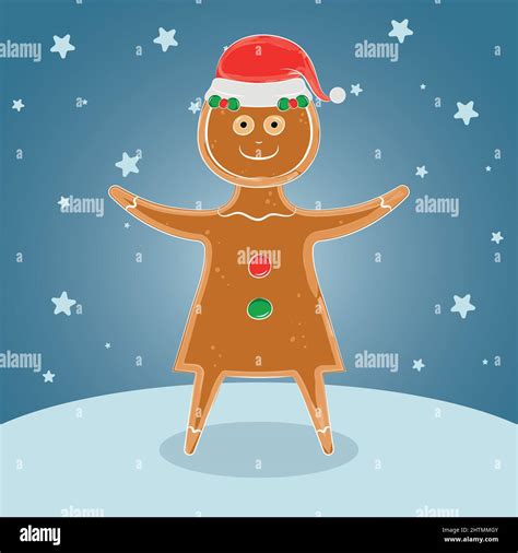 Isolated Happy Gingerbread Female Cookie Cartoon On A Winter Landscape