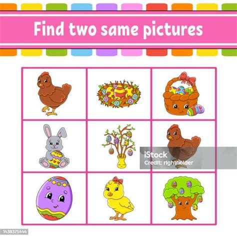 두 개의 동일한 사진을 찾으십시오 아이들을위한 작업 교육 개발 워크시트 활동 페이지 아이들을위한 컬러 게임 부활절 테마 재미있는 캐릭터 고립 된 벡터 그림입니다 만화 스타일