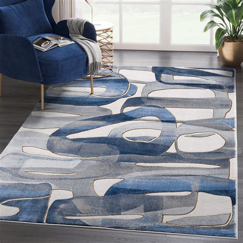 Orren Ellis Velva Blue Grey Asymmetric Circles Area Rug Abstract Rug
