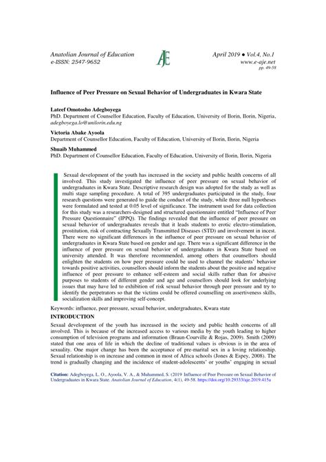 PDF Influence Of Peer Pressure On Sexual Behavior Of Undergraduates In Kwara State