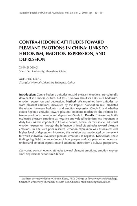 Pdf Contra Hedonic Attitudes Toward Pleasant Emotions In China Links To Hedonism Emotion