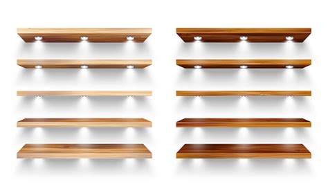 조명 스포트라이트가있는 현실적인 목조 상점 선반 빈 제품 선반 식료품 벽 선반 쇼핑몰 및 슈퍼마켓 가구 책장 현대적인 인테리어 디자인 요소 벡터 그림 도서관에 대한 스톡