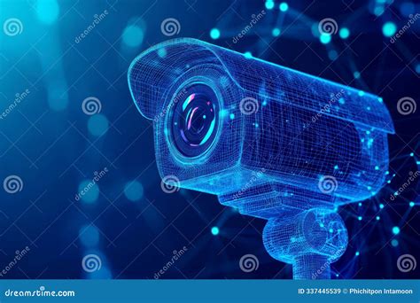 A Low Polygon Cctv Security Camera Wireframe Mesh Displayed On A Blue Background Stock