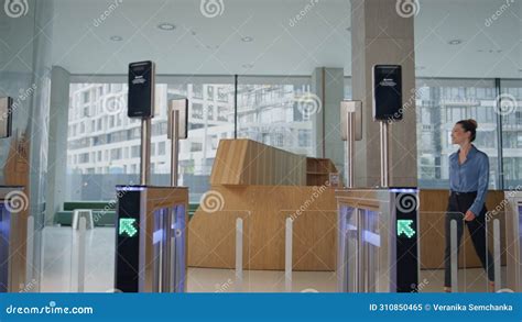 Manager Using Pass Card Opening Automatic Gates Modern Office Building