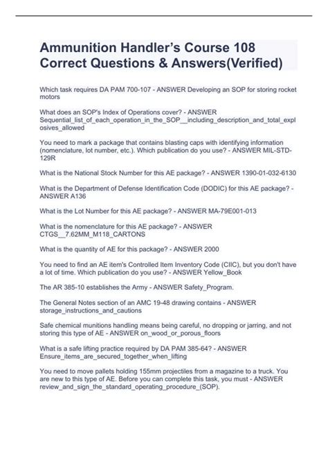 Ammunition Handlers Course 108 Correct Questions And Answersverified