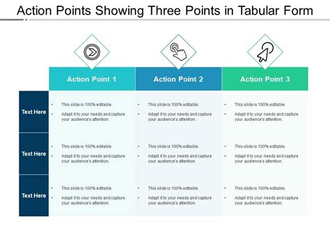 Action Points Showing Three Points In Tabular Form Ppt Images Gallery