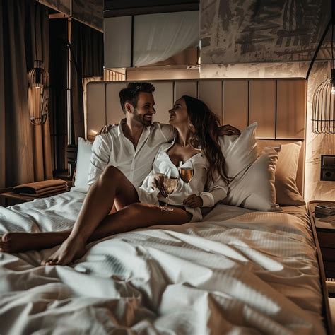 Beautiful Romantic Couple Relaxing On The Bed Before Sleep At Luxury