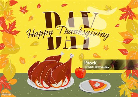 해피 추수 감사절 휴일 포스터 전통 요리 가을 가족 축하 배너비 맛있는 칠면조와 호박 파이의 향기가 열린 창 밖으로 날아갑니다 노란색 드로잉 플래카드 10월에 대한 스톡