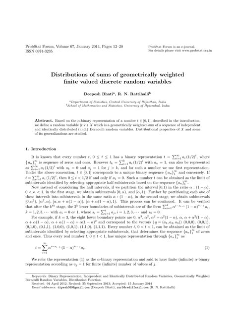 Pdf Distributions Of Sums Of Geometrically Weighted Finite Valued Discrete Random Variables
