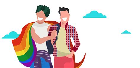커플 게이 지주 Lgbt 무지개 국기 사랑 퍼레이드 프라이드 축제 개념 두 웃는 사람이 함께 서 있는 남성 만화 캐릭터 초상화 평면 수평 2명에 대한 스톡 벡터 아트 및