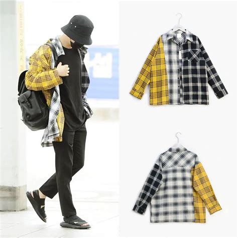 스가 격자 무늬 셔츠 옐로우 블랙 화이트 3 색 패치 워크 봄 가을 루즈 탑 유니섹스 긴 소매 느슨한 민 Yongqi Kpop Tshirt캐쥬얼 셔츠 Aliexpress