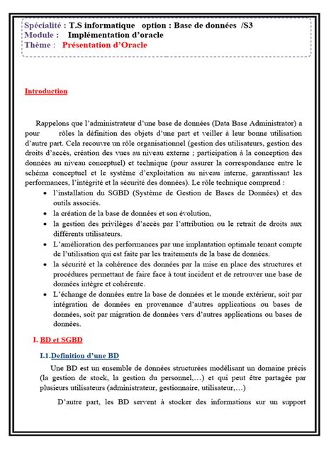 Cours1 Presentation Et Installation Oracle Pdf Sql Base De Données Oracle