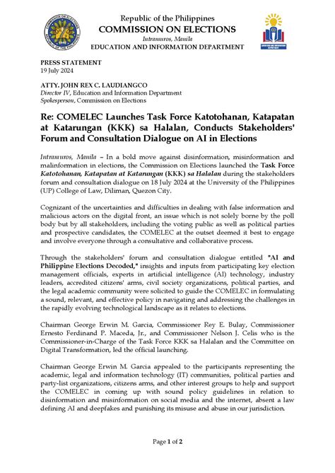 Comelec Press Statement Re Comelec Launches Task Force Facebook