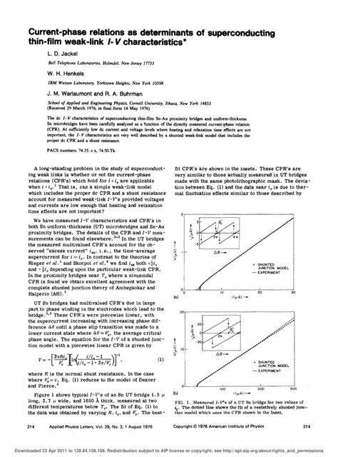 Pdf Current‐phase Relations As Determinants Of Superconducting Thin‐film Weak‐link I‐v