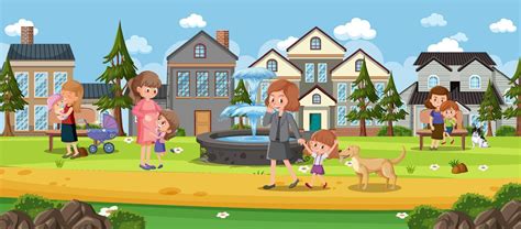 Outdoor Park Scene With People Cartoon Character 7107319 Vector Art At