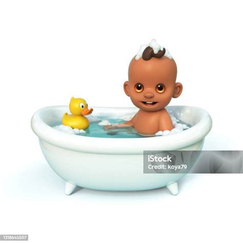 고무 오리와 함께 노는 목욕을하는 행복한 아기 욕조에 있는 어린 아이 유아 세척 및 목욕 유아 3d 렌더링위생 및 보살핌 3차원 형태에 대한 스톡 사진 및 기타 이미지
