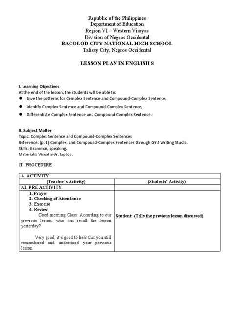 Complex And Compound Complex Sentence Lesson Plan Pdf Sentence