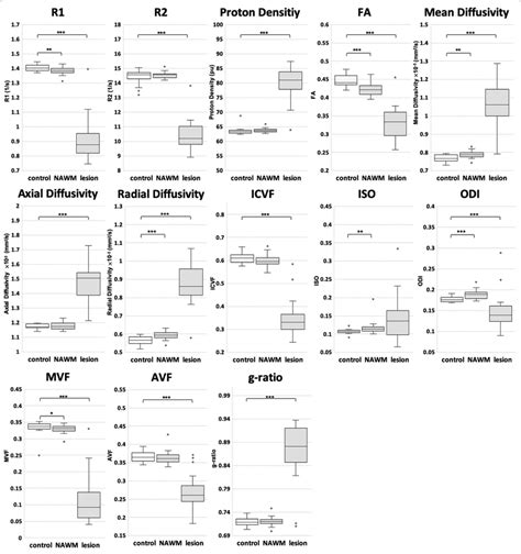 Quantitative Metrics Compared Among The Wm Of Healthy Controls Nawm Of Download Scientific