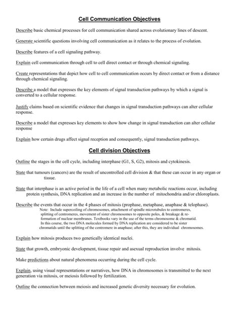 Cell Communication Division Objectives