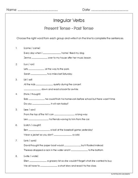 Irregular Verbs Present Tense Past Tense 4 Worksheets Grades 2
