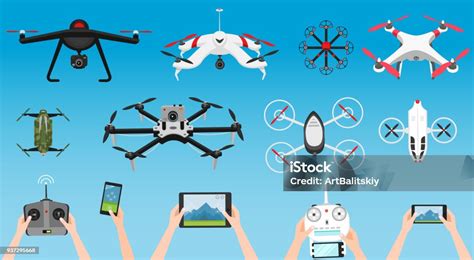 현대에 어 드 론 및 원격 제어의 집합입니다 과학 및 현대 기술입니다 벡터 일러스트입니다 라디오 로봇 또는 공기에서 카메라와