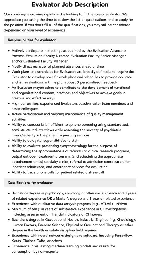 Evaluator Job Description Velvet Jobs