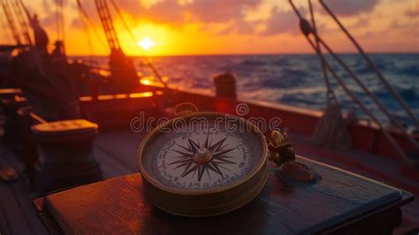 A Vintage Compass Rests On A Ship As The Sun Sets On The Horizon The