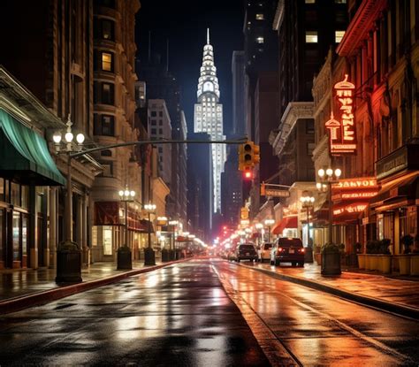 Premium Photo Nighttime View Of A City Street With A Traffic Light And A Building Generative Ai
