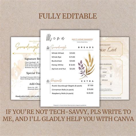 Sourdough Bakery Menu Template Bundle Editable Bread Price List