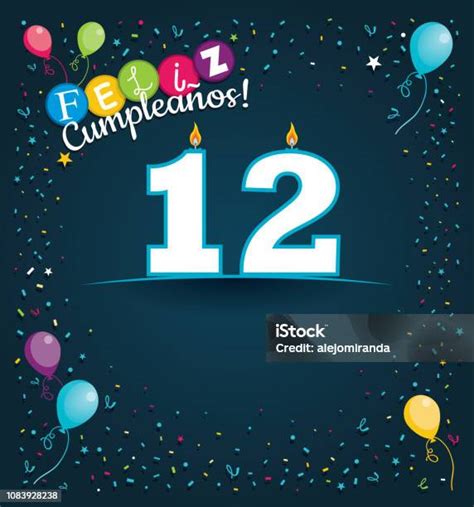 풍선의 배경 및 진한 파란색 배경에 다양 한 색상의 색종이 수의 형태로 백색 초 펠리 즈 Cumpleanos 12스페인어에 행복 한 생일 12인사말 카드 12에 대한 스톡