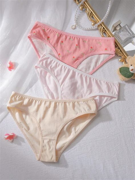 3pcs Tween Girls Cotton Ditsy Floral Cute Panties Pink And Skin Tone