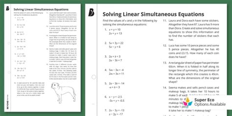Solving Linear Simultaneous Equations Worksheet