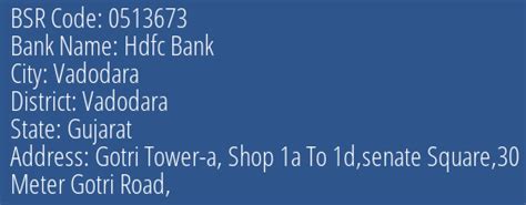 BSR Code Of Hdfc Bank In Vadodara City Vadodara District Gujarat