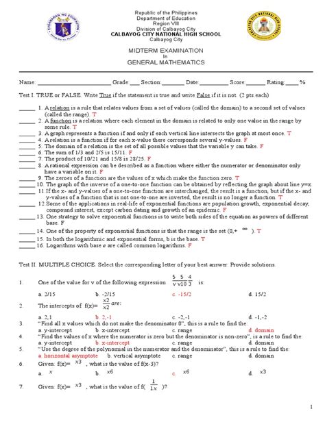 Midterm Exam Questions On Functions And Relations Pdf Exponential