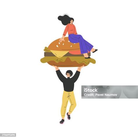 패스트 푸드 와 남자 성격 나르다 큰 햄버거 와 여자 통하고 있는 그것 벡터 일러스트 개념에 대한 스톡 벡터 아트 및 기타