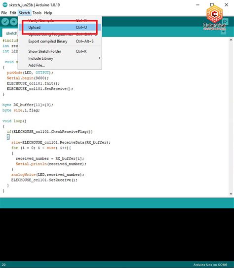 19 เมื่อโปรแกรมทำการอัพโหลดโค๊ดเสร็จแล้วก็จะปรากฏข้อความ Done Uploading ขึ้นมา