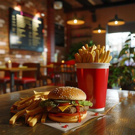 3d Rendered Photo Of A Hamburger And A Cup Of Mcdonalds On A Red Table Premium Ai Generated Image