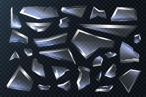 투명한 배경에 격리된 깨진 유리 조각 세트는 현실적인 폭발 날카로운 입자 차이 프리미엄 벡터