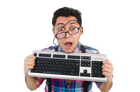 Computer Nerd With Keyboard Isolated Stock Image Image Of Computer Geek 48193419