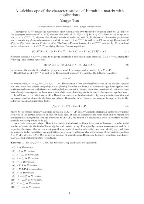 Pdf A Kaleidoscope Of The Characterizations Of Hermitian Matrix With Applications