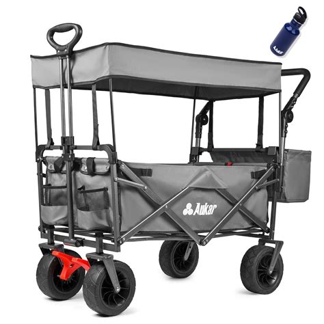Aukar Collapsible Beach Wagon With Canopy Gray Big Wheels Push And