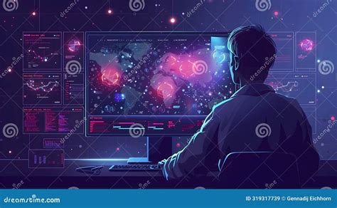 A Scientist In A Laboratory Analyzes Data On Multiple Screens While