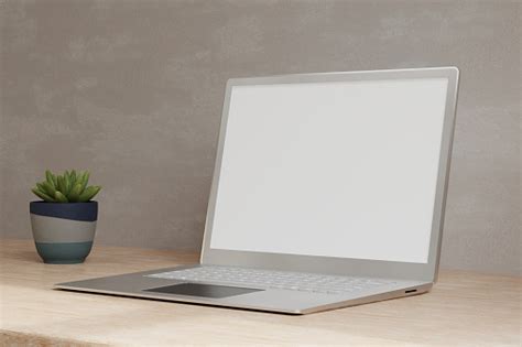 나무 테이블에 노트북 컴퓨터 모형이 있는 최소한의 스칸디나비아 작업 공간 3d 렌더링 0명에 대한 스톡 사진 및 기타 이미지 0명 3차원 형태 가정의 방 Istock